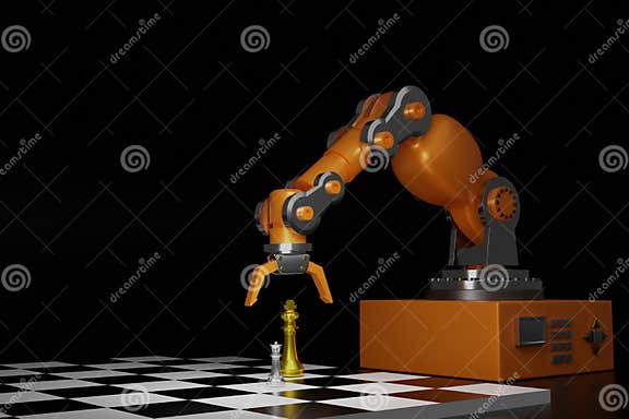 Robot Arm with Chess Pieces and Board on Black Background ,3d Rendering ...
