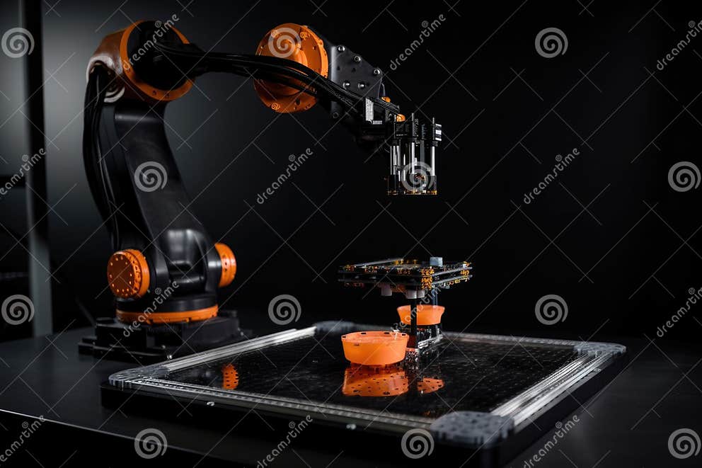 Robot Arm, with 3d Printer and Tray of Materials, Creating Precise and ...
