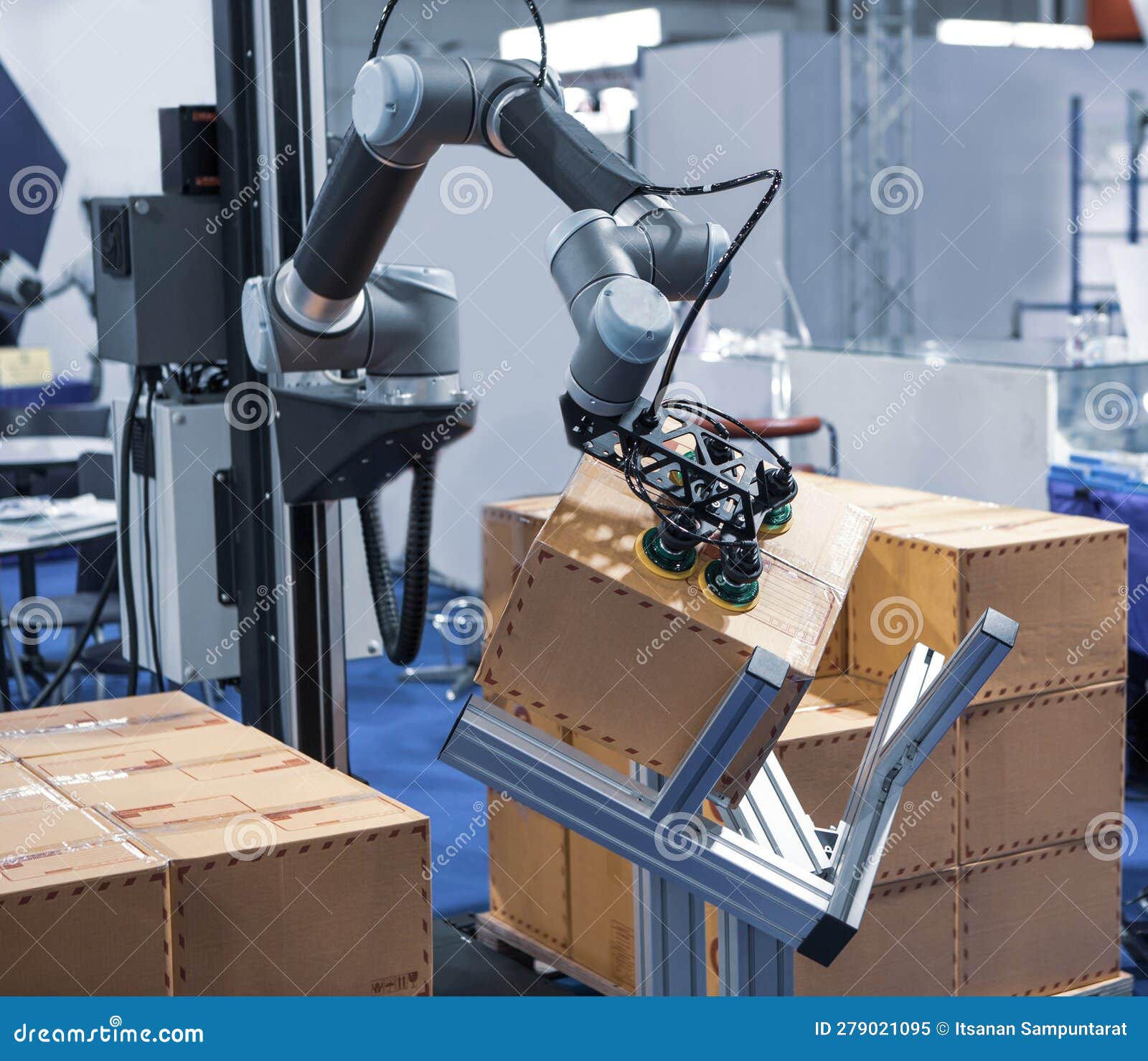 Robot arm handling carton stock image. Image of future - 279021095