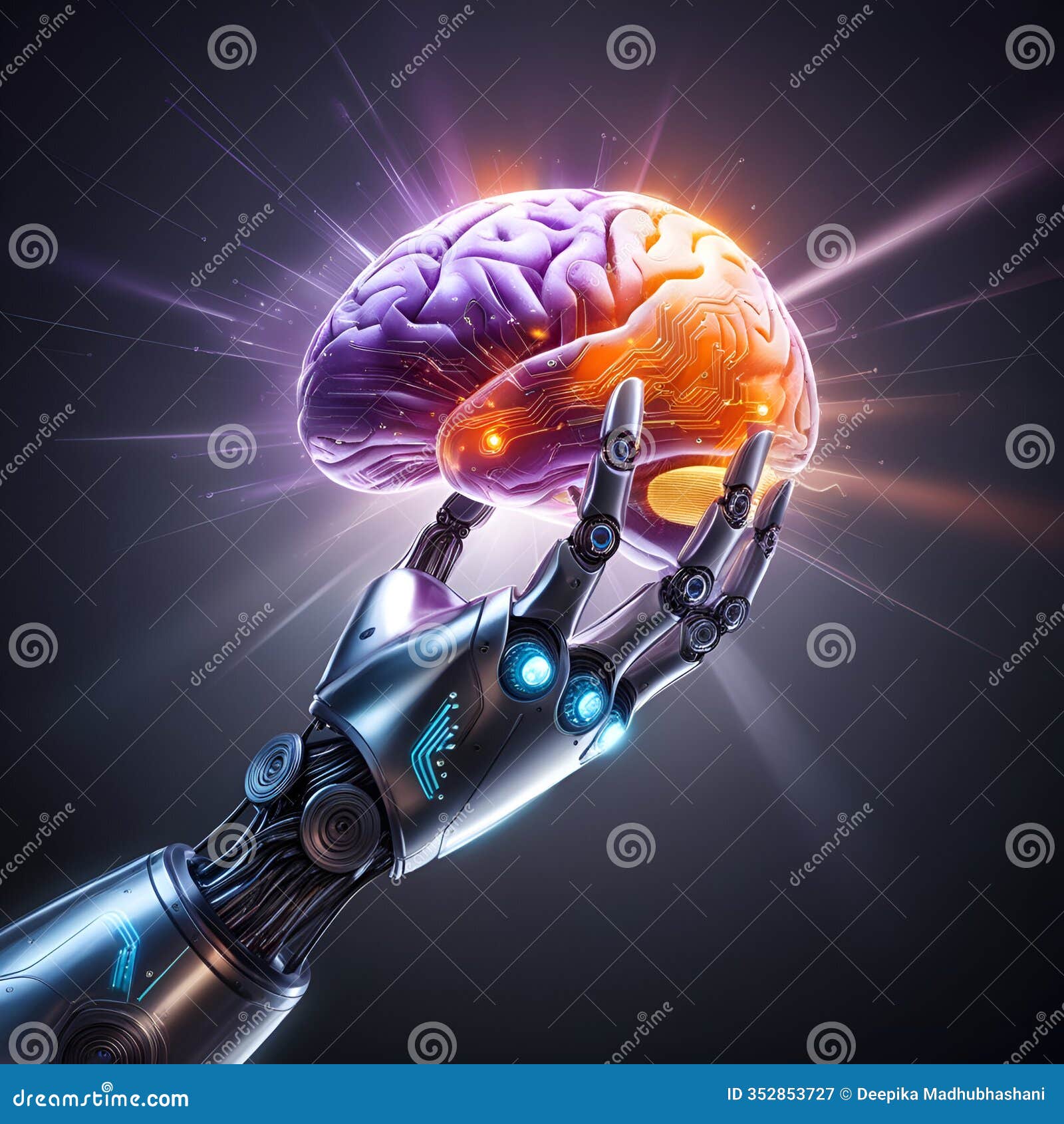 Robot Arm with Human Brain Futuristic Technology and Knowledge, Artificial Intelligence Concept ...