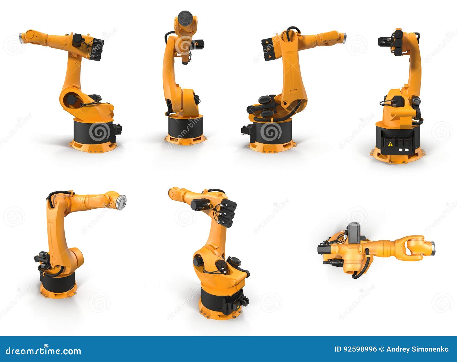 Robot Arm for Industry Renders Set from Different Angles on a White. 3D ...
