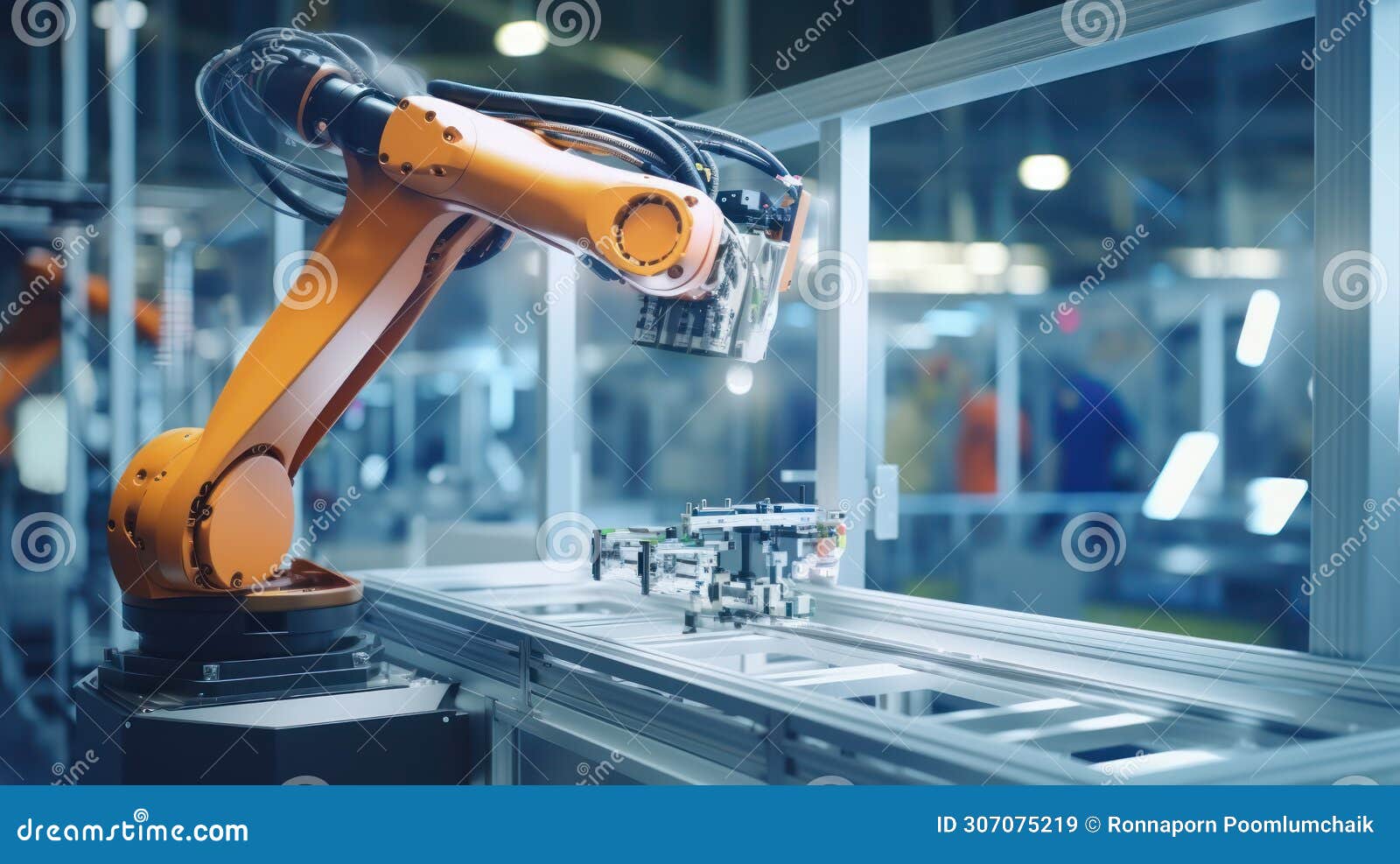 Robot Arm Inside a Bright Electronics Factory, Utilizing Printing ...