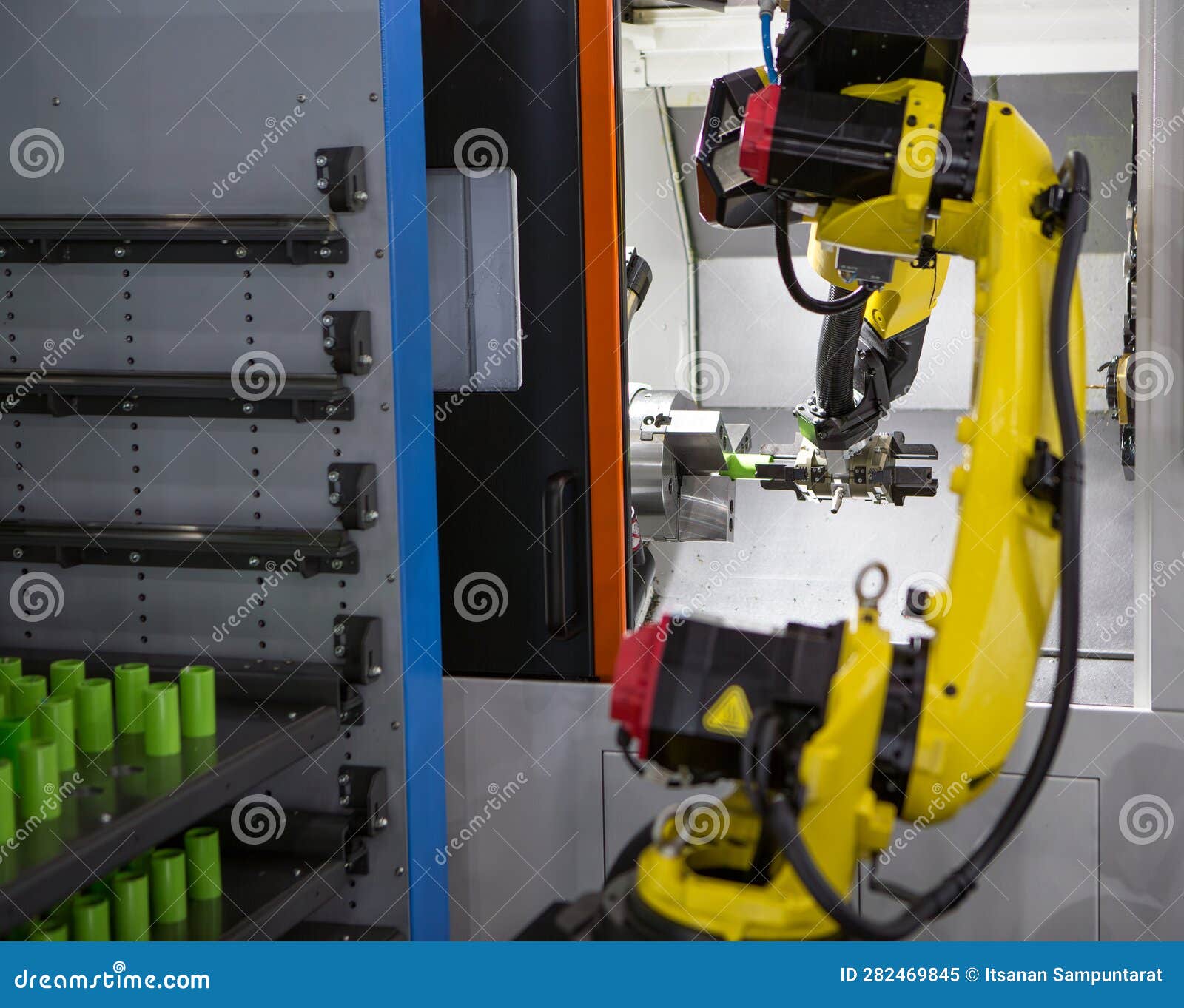 Robot Arm Loading Workpieces On Cnc Lathe Machine Stock Image Image Of Cutting Smart 282469845