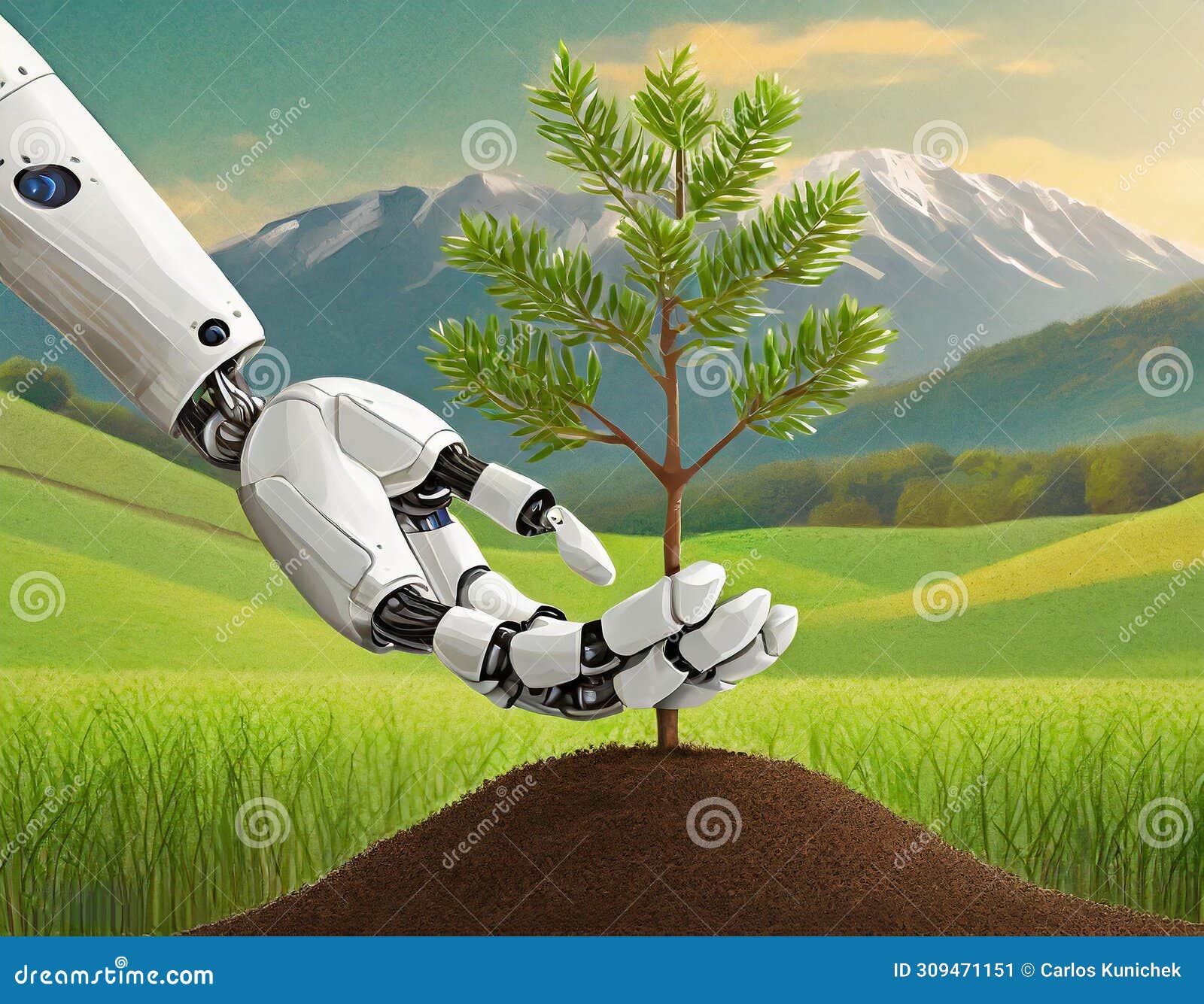 A Robot Arm Planting a Tree in a Green Field, Ilustration-generated by ...