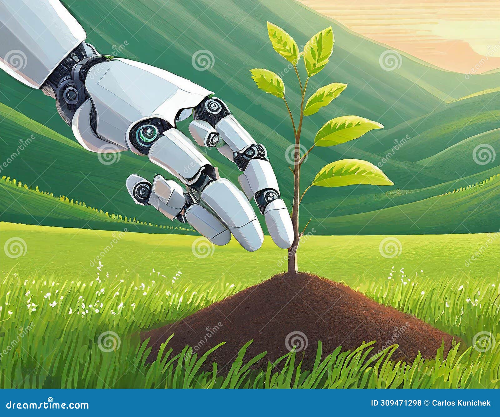 A Robot Arm Planting a Tree in a Green Field, Ilustration-generated by ...