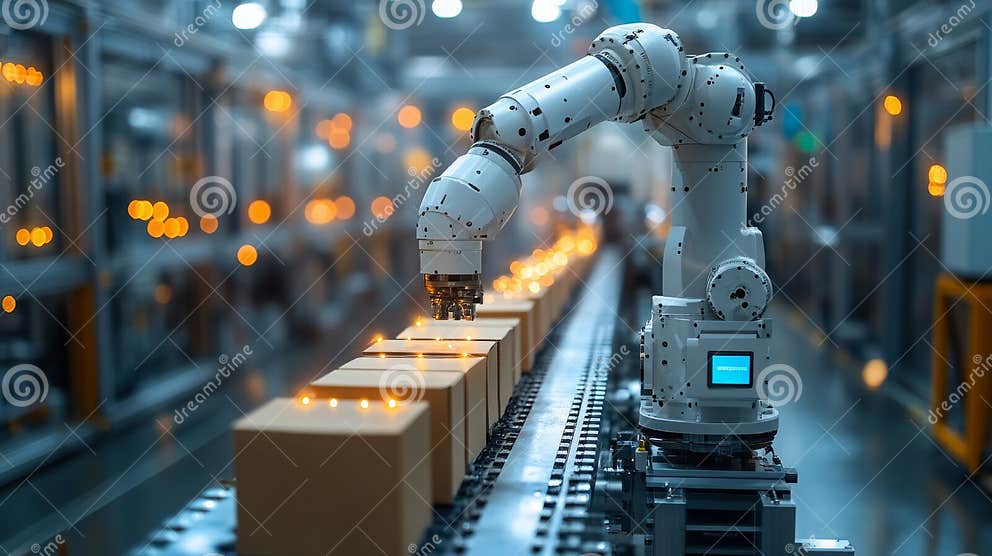 Robot Arm with Sensors Assembling Packages in a High-tech Manufacturing ...