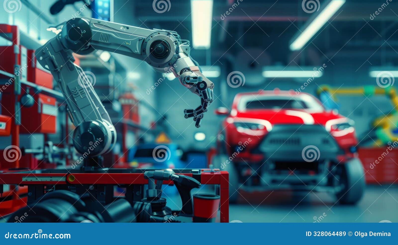 Robot Arm Working in an Advanced Car Manufacturing Workshop. Futuristic ...