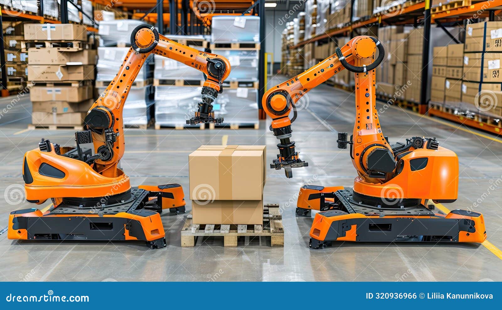 A Robot Arm Working Alongside an Electric Cargo Bot As it Delivers ...