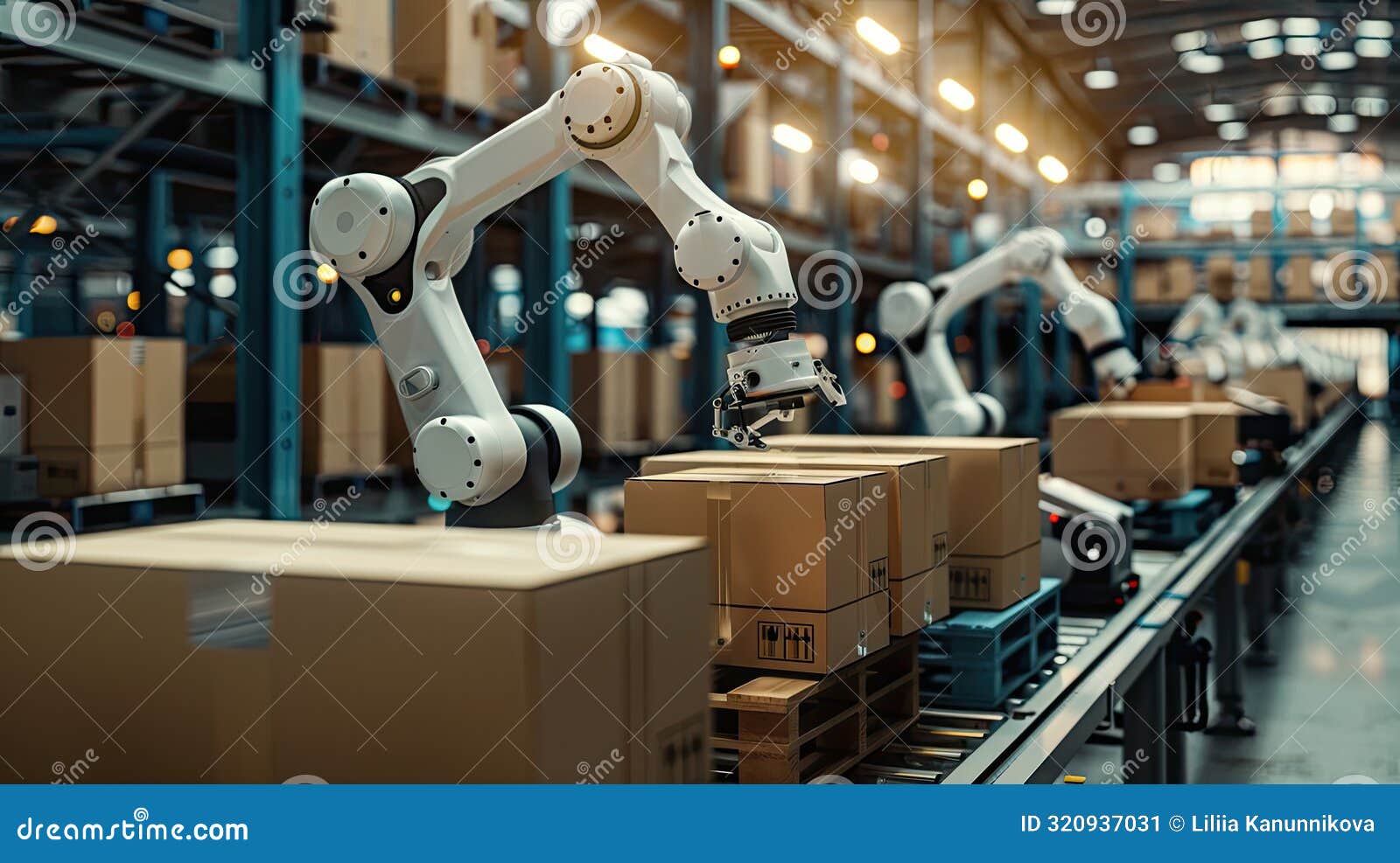 A Robot Arm Working Alongside an Electric Cargo Bot As it Delivers ...