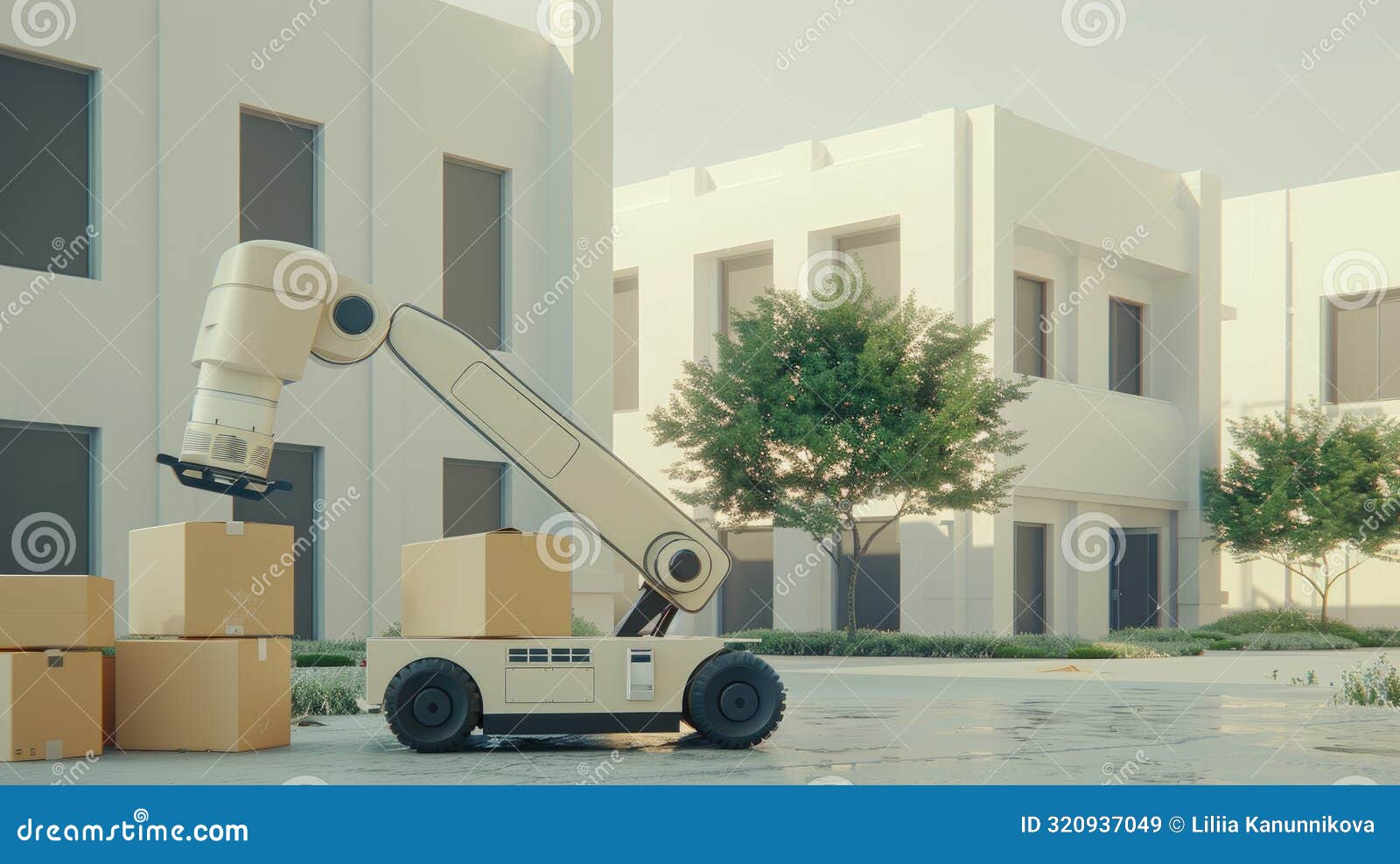 A Robot Arm Working Alongside an Electric Cargo Bot As it Delivers ...