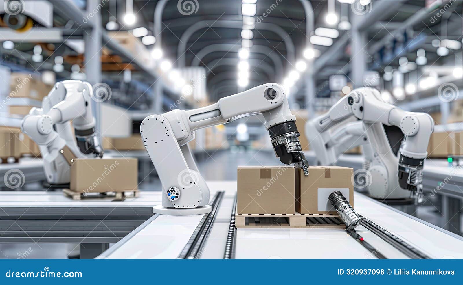 A Robot Arm Working Alongside an Electric Cargo Bot As it Delivers ...