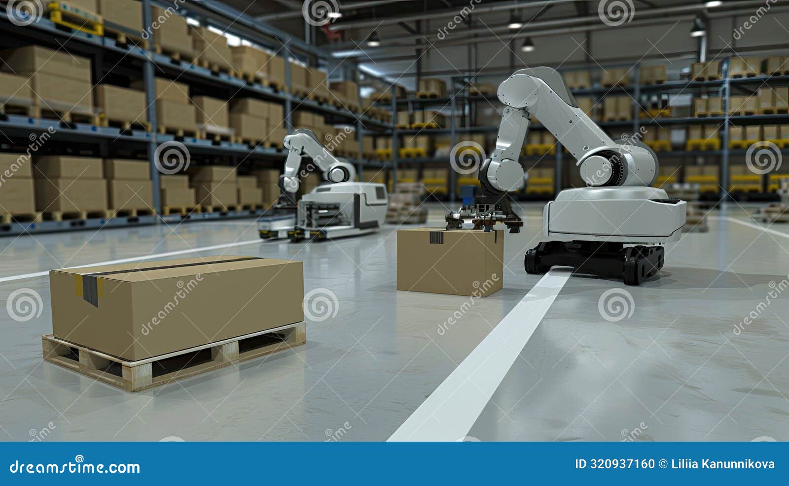 A Robot Arm Working Alongside an Electric Cargo Bot As it Delivers ...