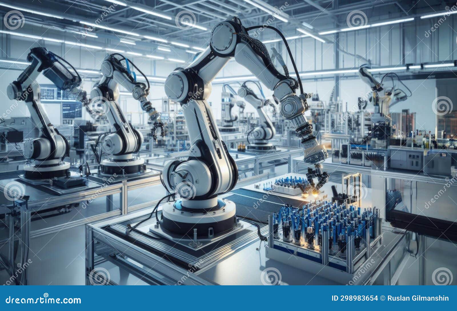 Robot Arms on Fully Automated Assembly Line Inside Modern Electronics ...