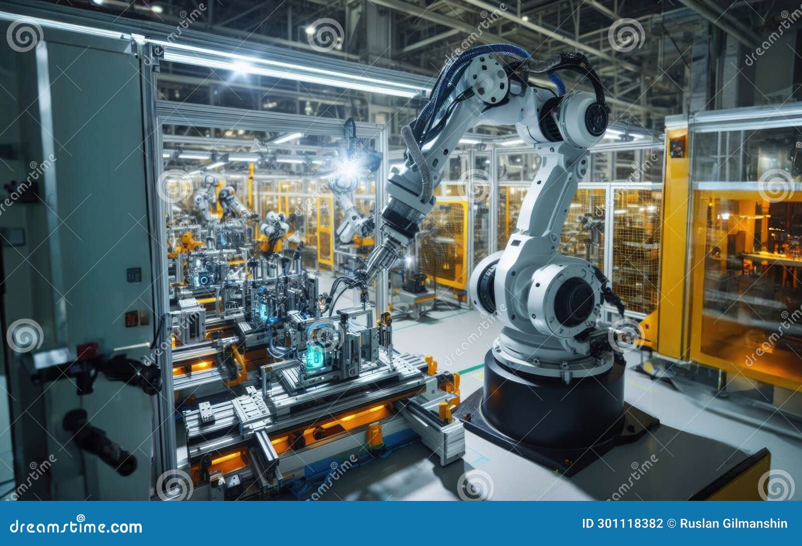 Robot Arms on Fully Automated Assembly Line Inside Modern Electronics ...
