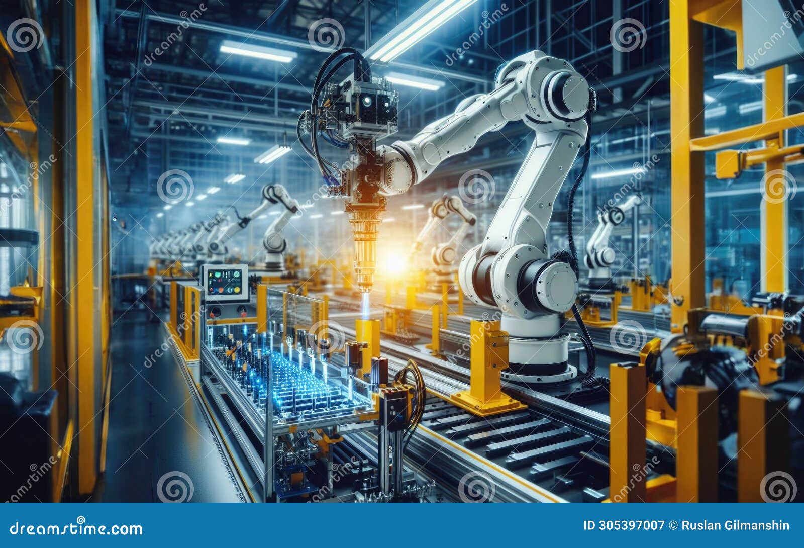 Robot Arms on Fully Automated Assembly Line Inside Modern Electronics ...