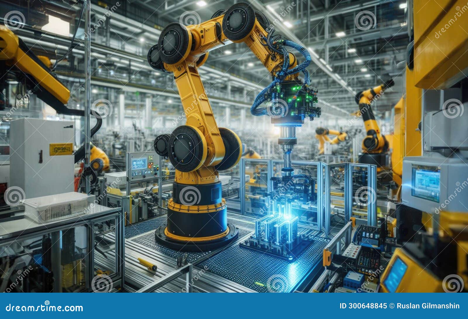 Robot Arms on Fully Automated Assembly Line Inside Modern Electronics ...