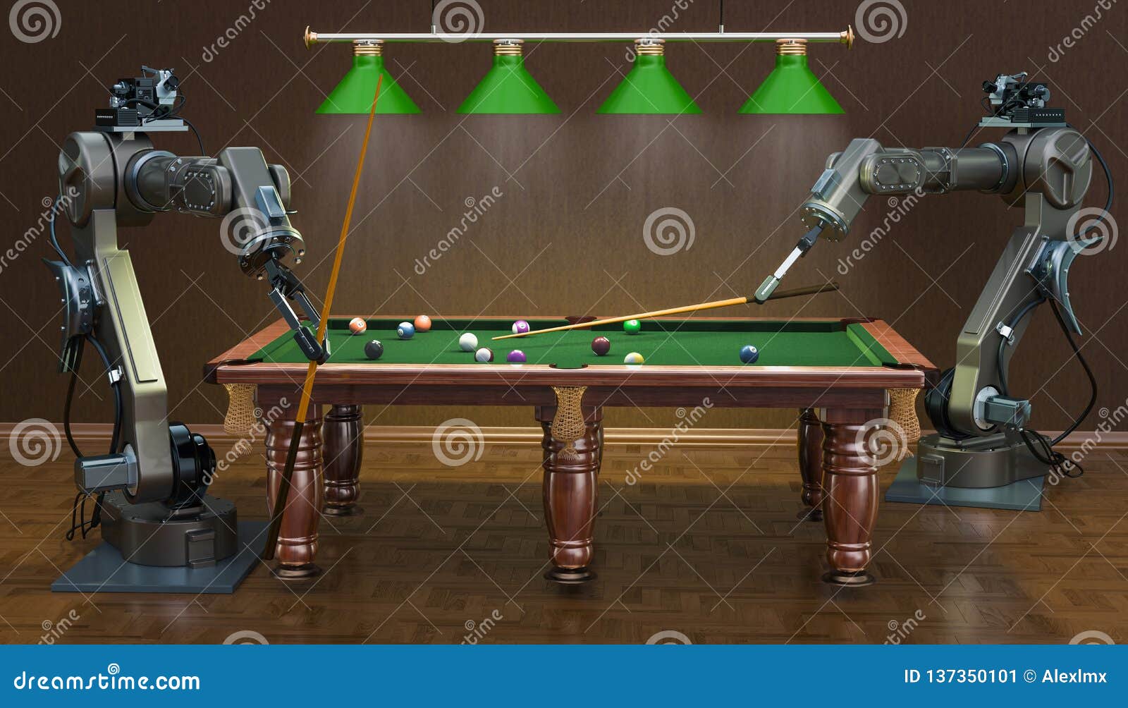 Robot Arms Play Billiards, 3D Rendering Stock Illustration ...