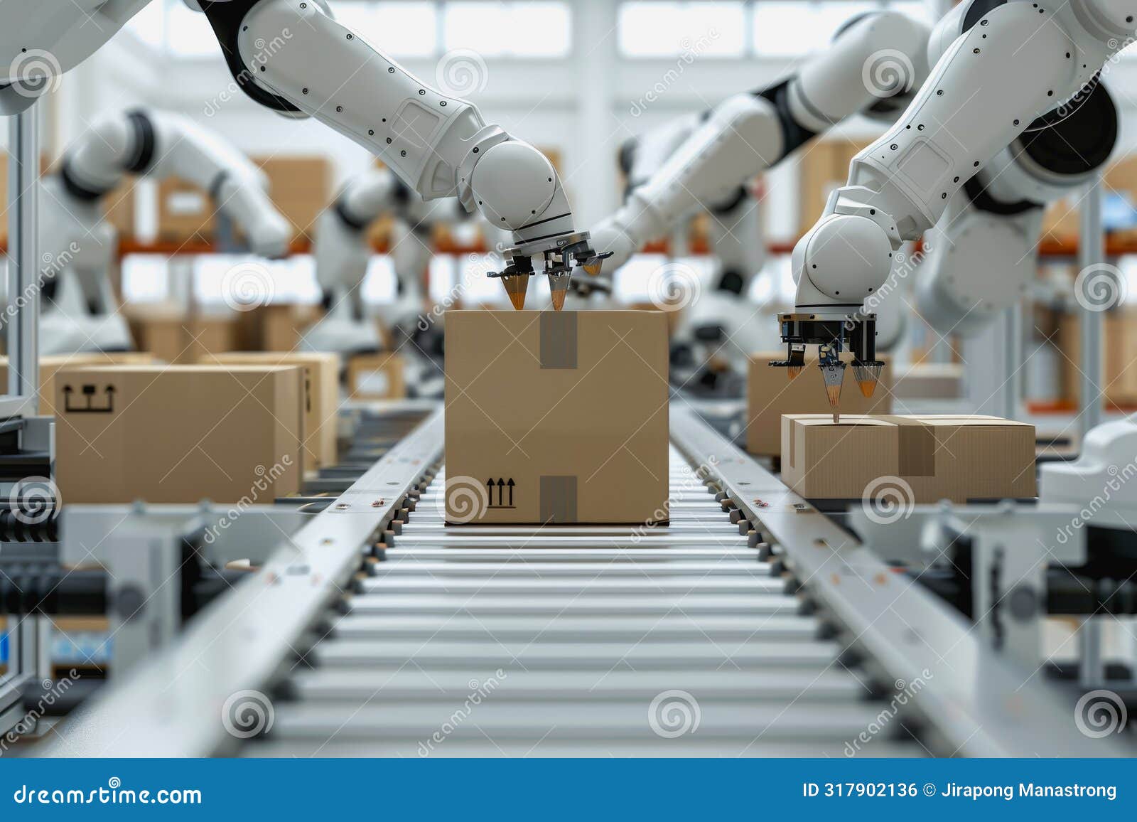Robot Arms in a Warehouse Preparing Boxes for Delivery on a Conveyor ...