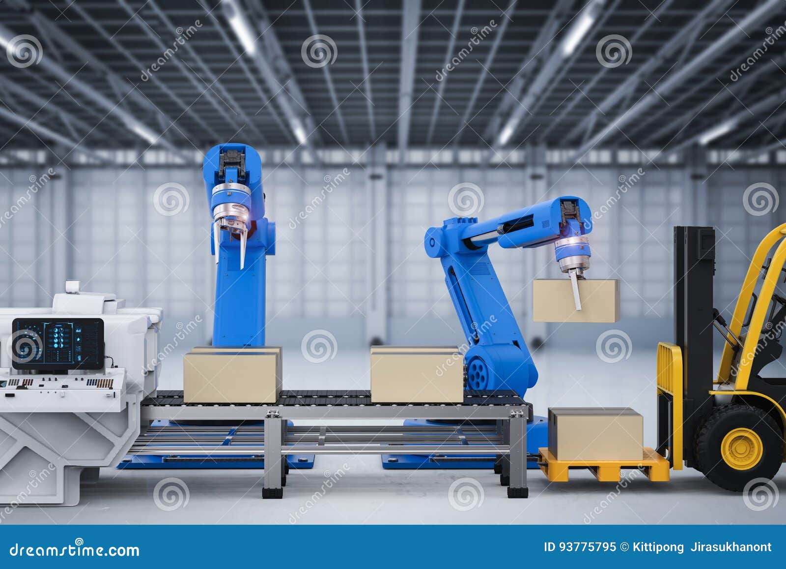 Robot Arms Working with Cardboard Boxes and Forklift Truck Stock ...