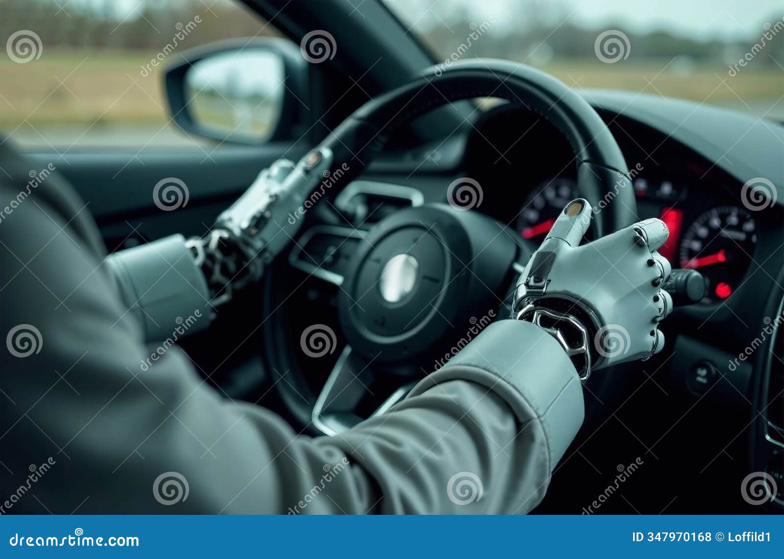 Robot Artificial Intelligence Driving Car, Hand on Steering Wheel. AI ...