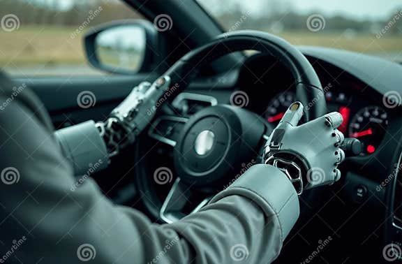 Robot Artificial Intelligence Driving Car, Hand on Steering Wheel. AI ...