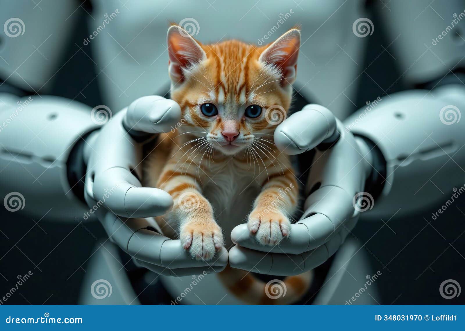 Robot Artificial Intelligence Holding Small Cat, Cute Kitty. AI ...
