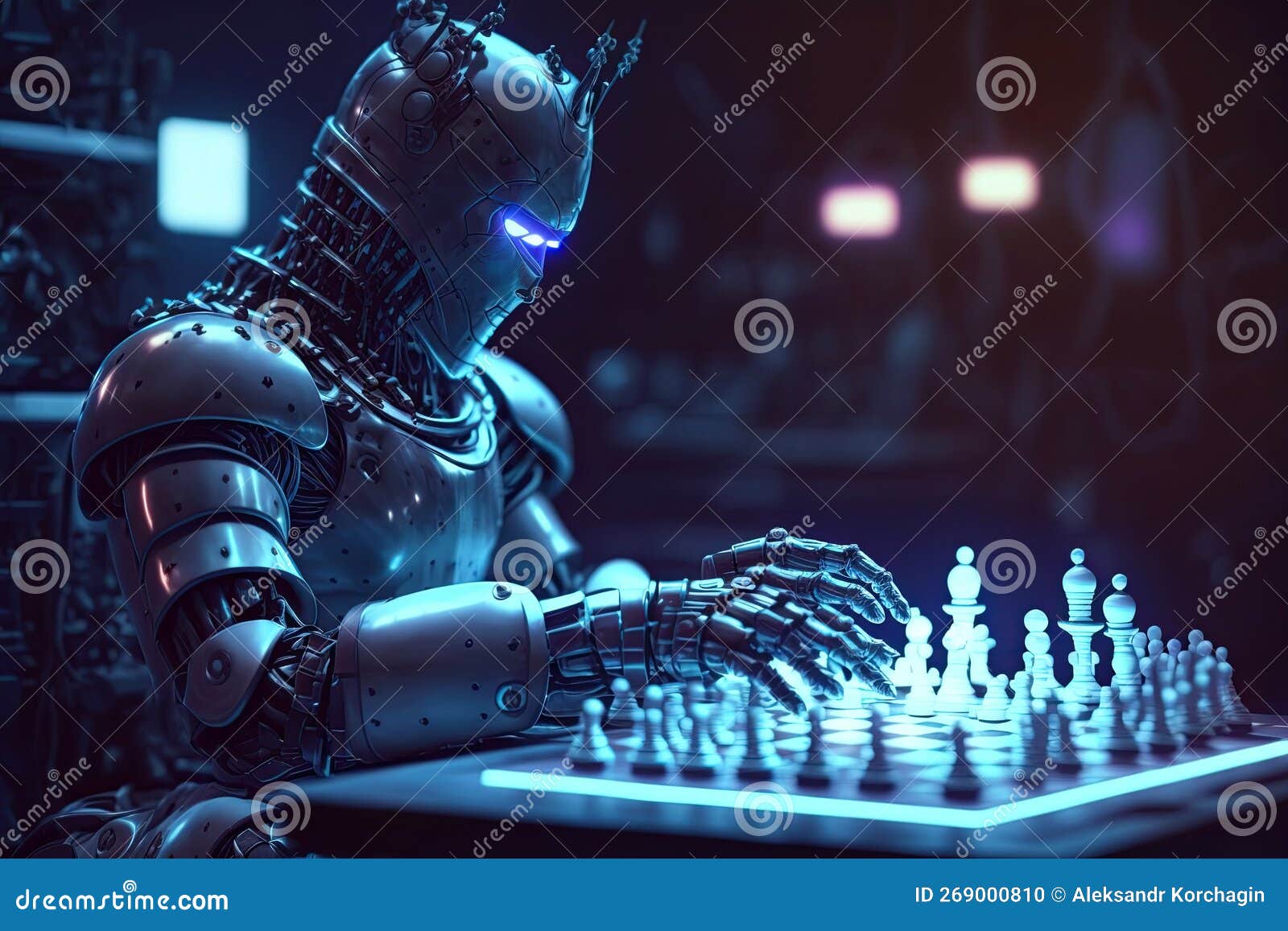 Robot With Artificial Intelligence Is Playing Chess At The Table