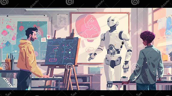Robot and Artists Collaborating on a Technological Artwork Stock Image ...