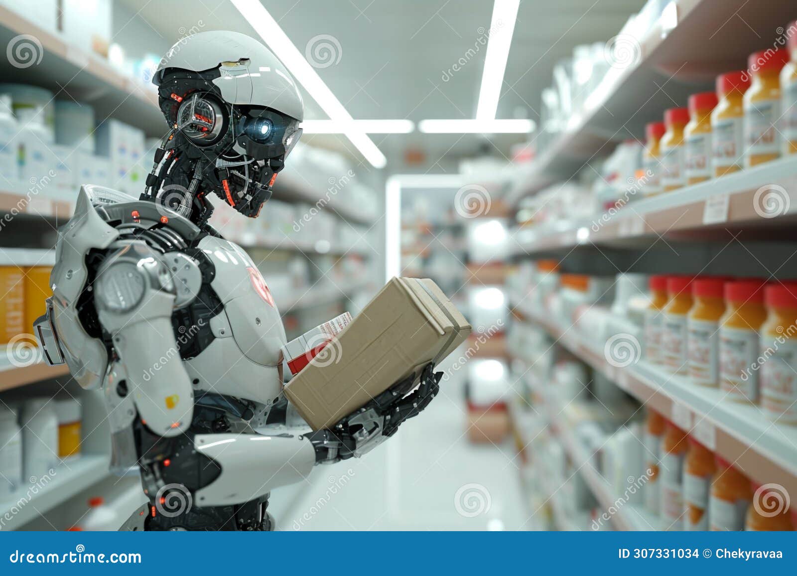 Robot As a Pharmacist in a Pharmacy, Holding Boxes with Tablets, Stock ...