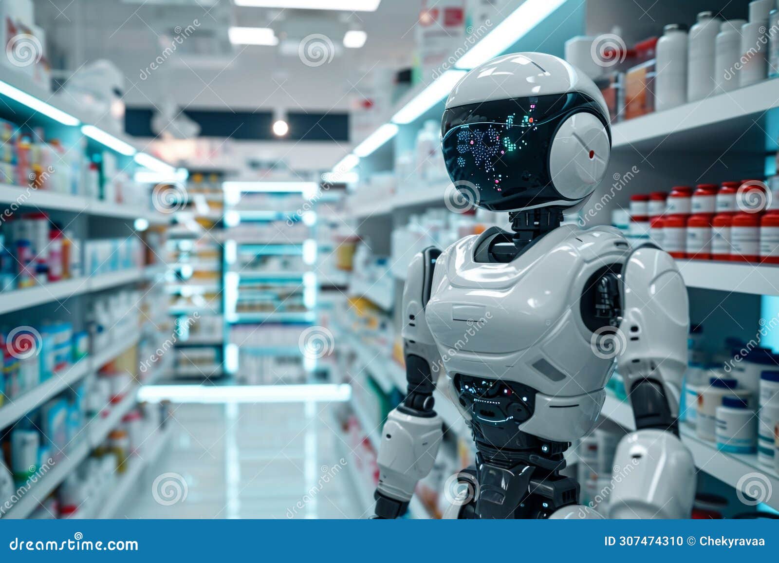 Robot As a Pharmacist in a Pharmacy, Holding Boxes with Tablets ...