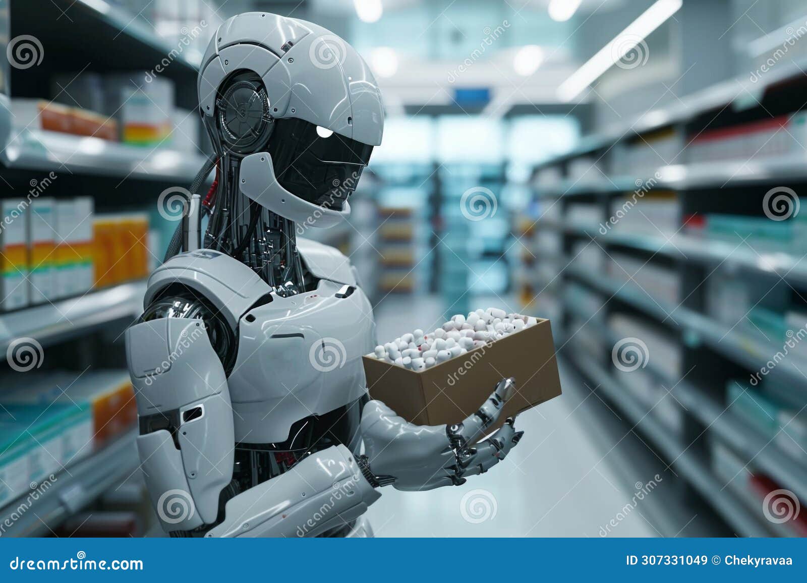 Robot As a Pharmacist in a Pharmacy, Holding Boxes with Tablets Stock ...