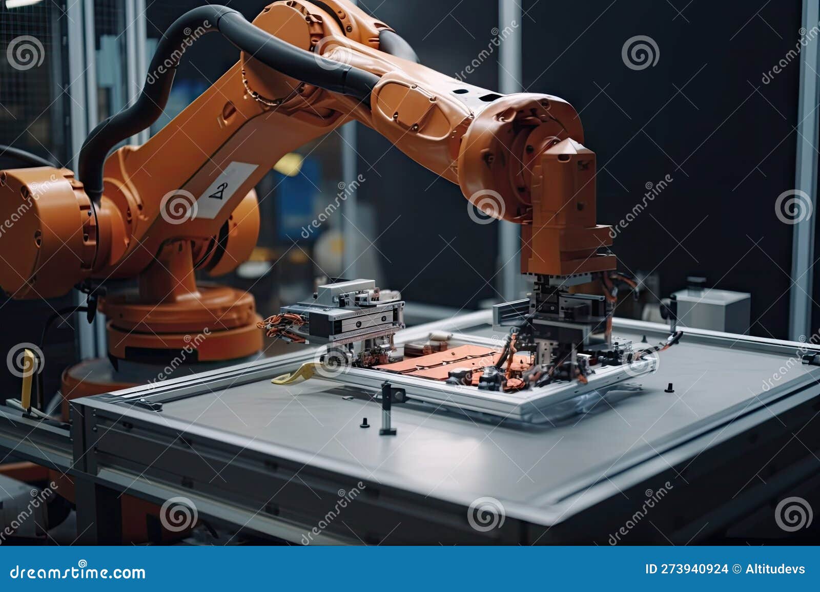 Robot Assembling Complex Structure On A Futuristic Assembly Line Stock