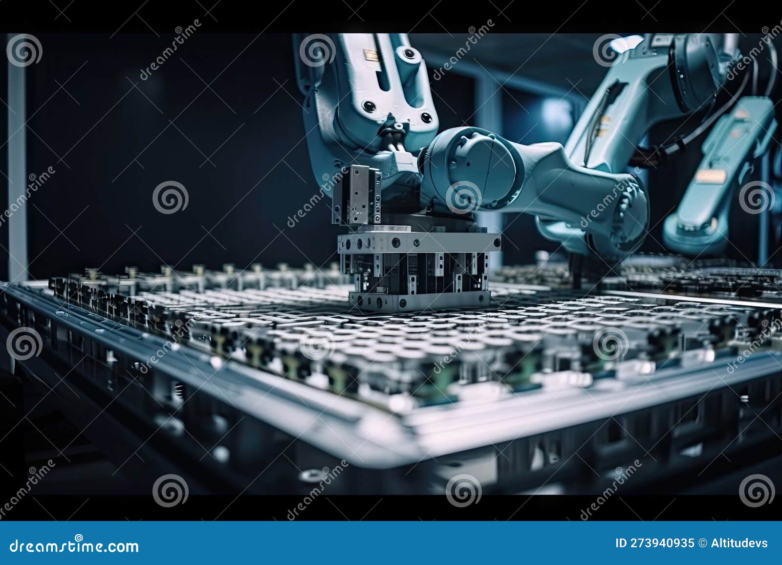 Robot Assembling Complex Structure On A Futuristic Assembly Line Stock