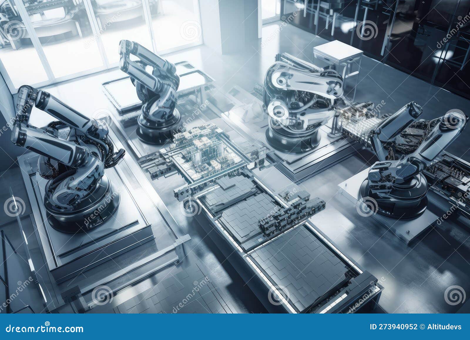 Robot Assembling Complex Structure On A Futuristic Assembly Line Stock