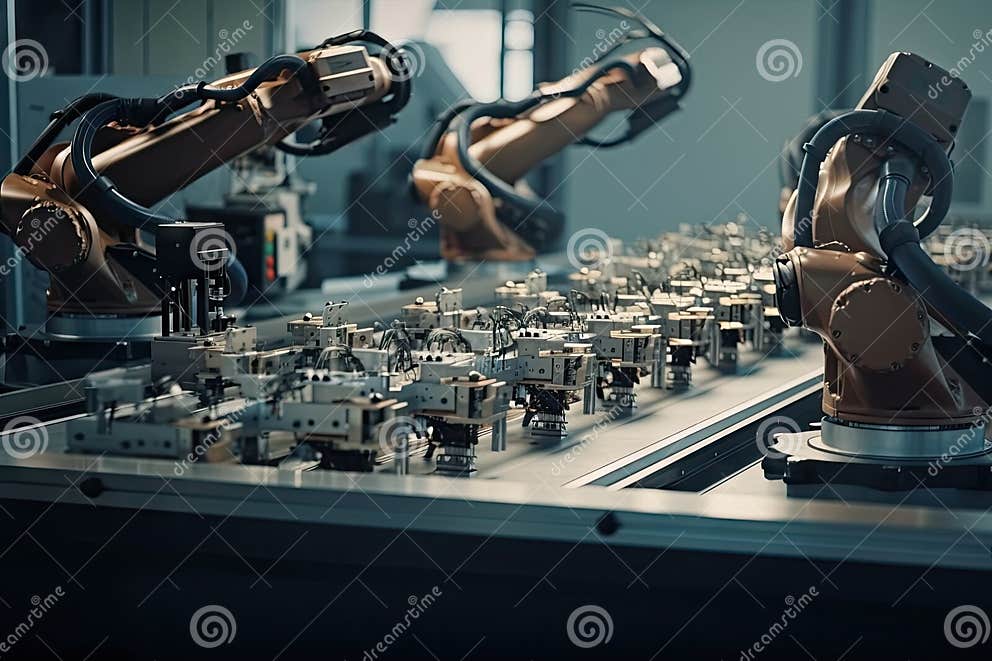 Robot, Assembling Complex Structure on a Futuristic Assembly Line Stock ...