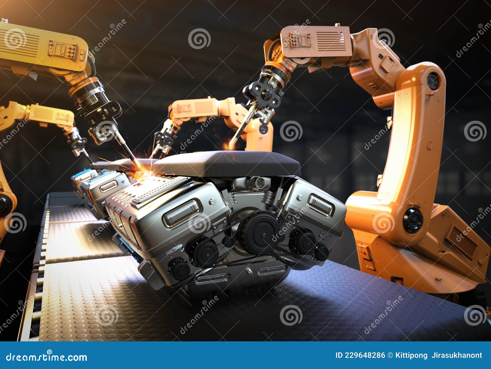 Robot Assembly Line with Car Engine or Machine Stock Illustration ...