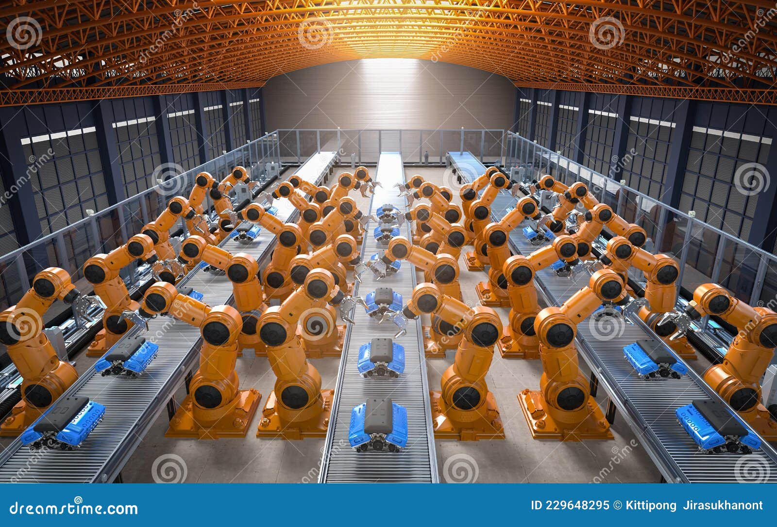Robot Assembly Line with Car Engine or Machine Stock Illustration ...