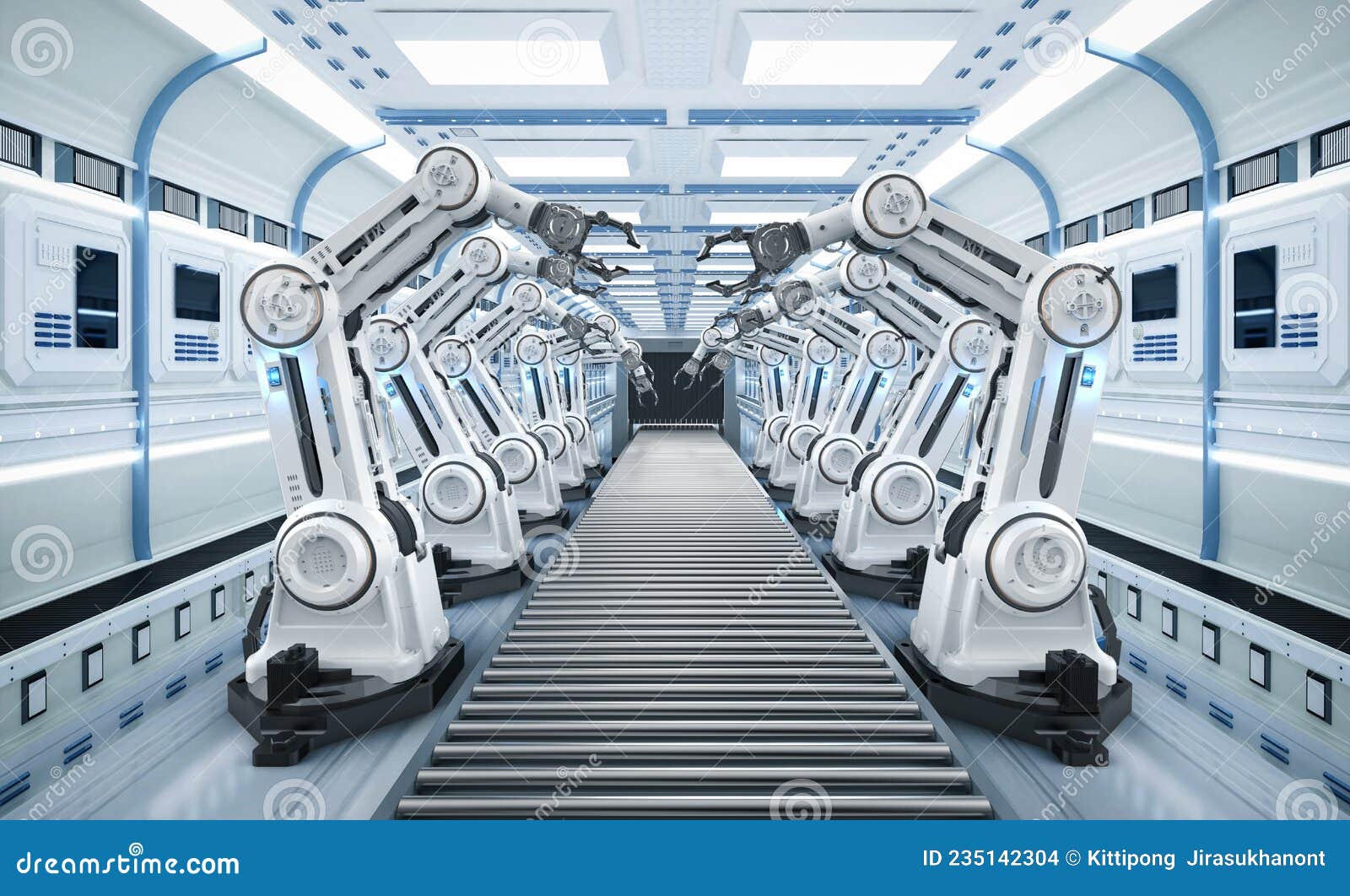 Robot Assembly Line in Factory Stock Illustration - Illustration of ...