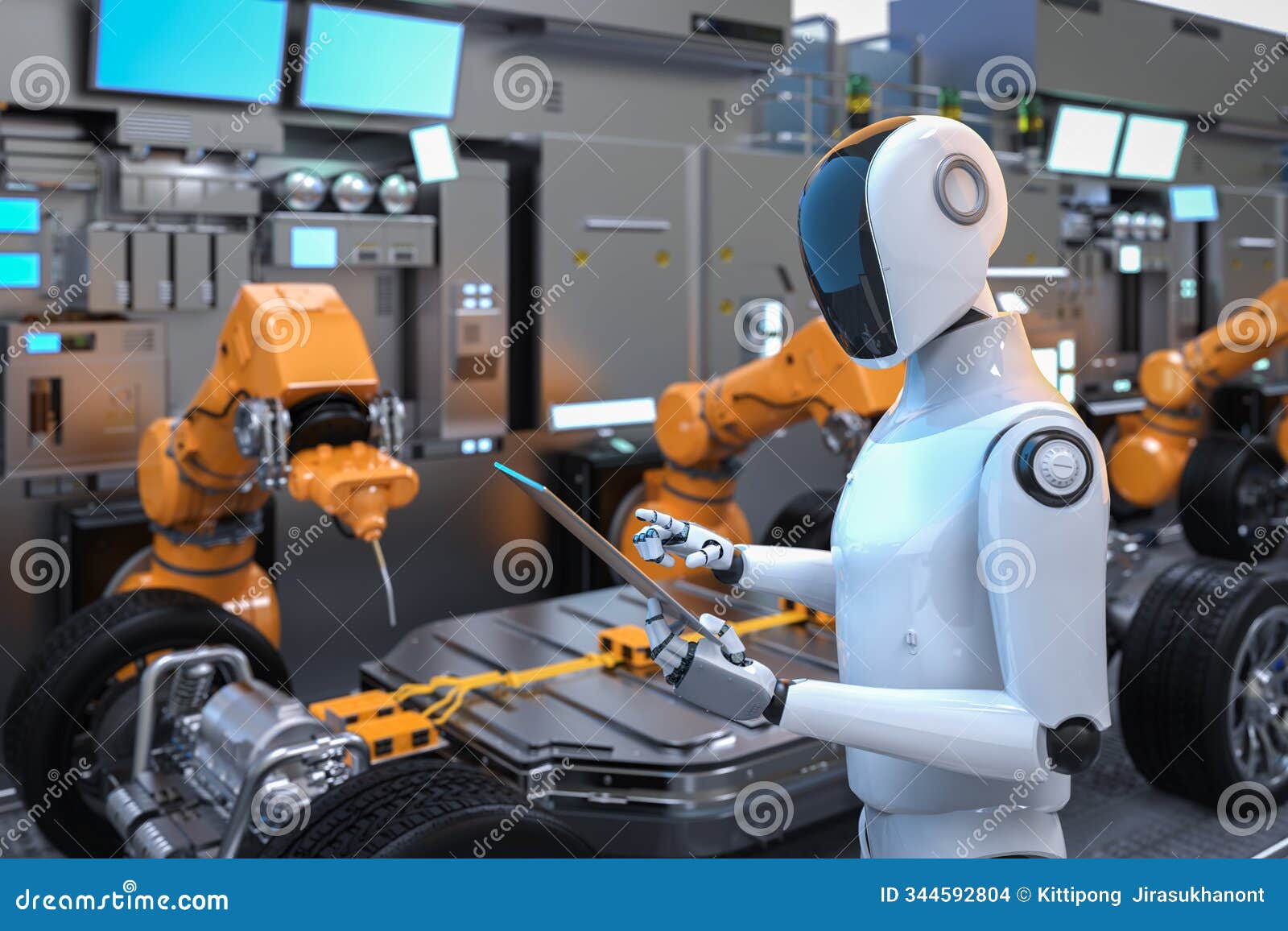Robot Assembly Line Manufacture Ev Car Controlled By Humanoid Cyborg
