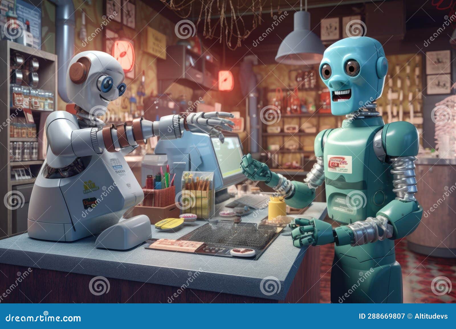Robot Assistant Handling Cash Register and Payment Stock Image - Image ...