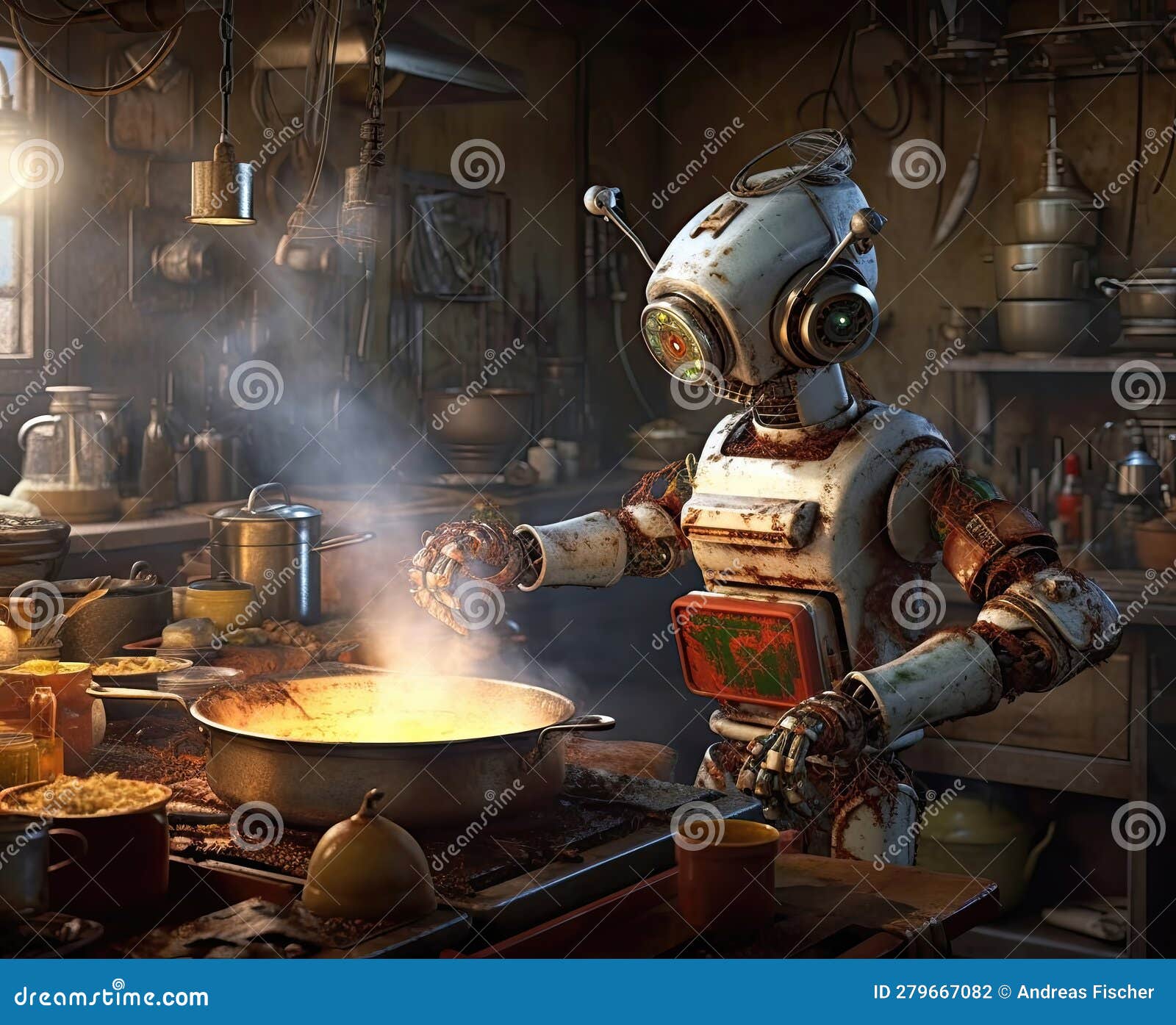 Robot Assistant in the Kitchen Prepares Food. Stock Illustration ...