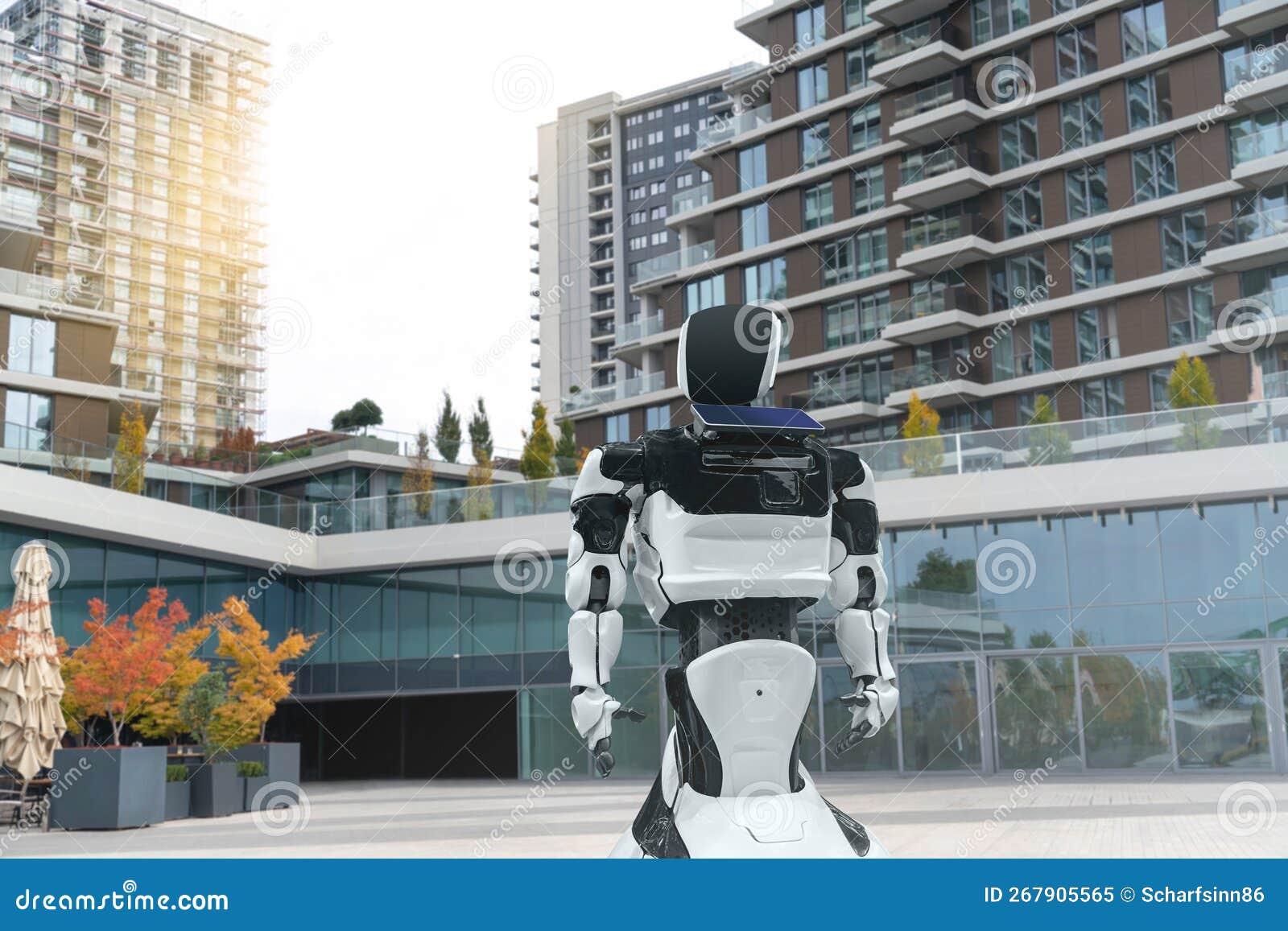 Robot Assistant Walking in Front of Building. Stock Image - Image of ...