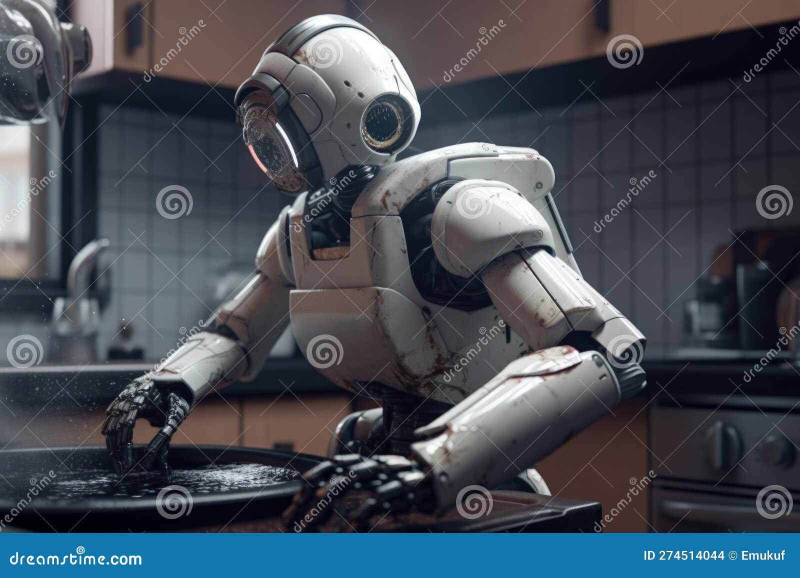 Robot Assistant Washes Dishes in the Kitchen Generative Ai Stock ...