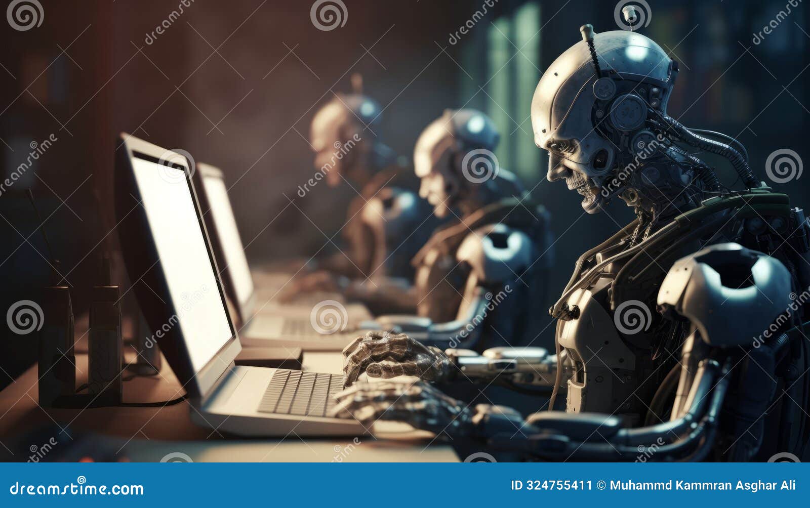 The Robot Automaton Works at the Computer. Automation Su Stock Illustration - Illustration of ...