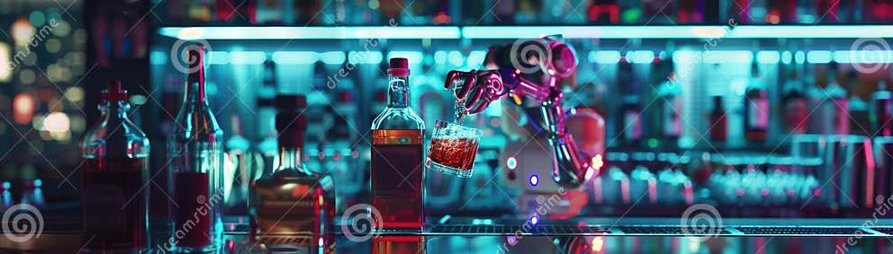 Robot Bartender Mixing Drinks in a Futuristic Bar Stock Illustration ...
