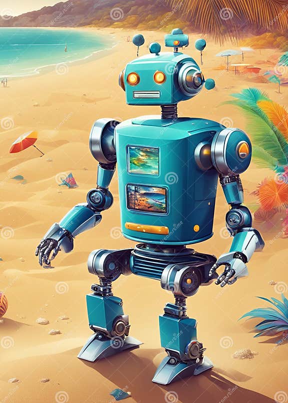 Robot on the Beach stock photo. Image of water, generated - 293080424