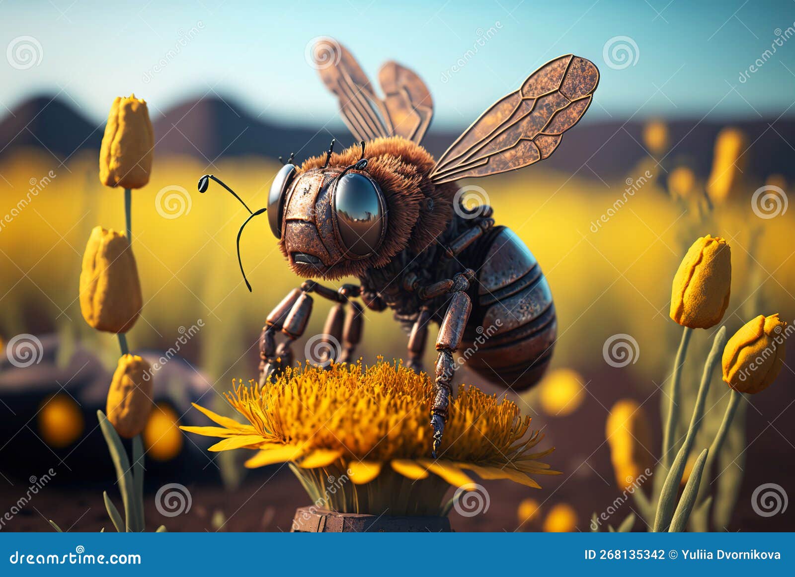 Robot Bee on a Flower Collecting Honey and Pollinate. Technology ...