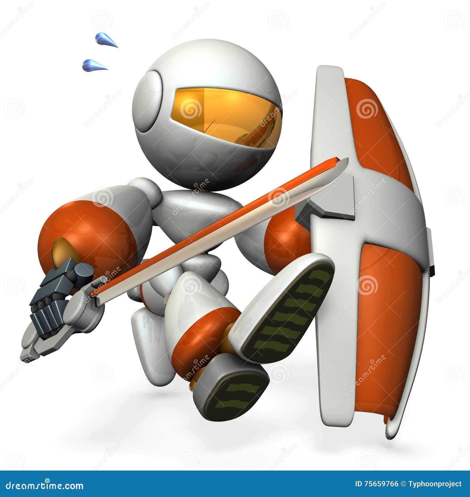 Robot with a Big Sword and Shield, Runs in Order To Capture. Stock ...