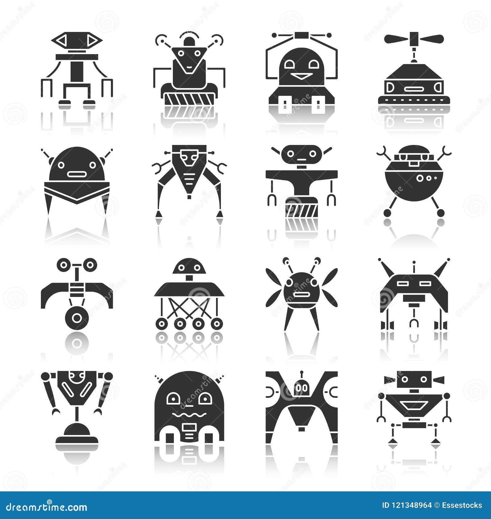 Robot Black Silhouette Reflection Icon Set Stock Vector - Illustration ...