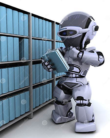 Robot at bookshelf stock illustration. Illustration of study - 15074962